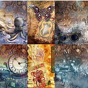 Dark Steampunk Mulberry Rice Paper, 8 x 10.5 inch - 6 x Different Printed Mulberry Paper Images 30gsm Visible Fibres for Decoupage Crafts Mixed Media Collage Art