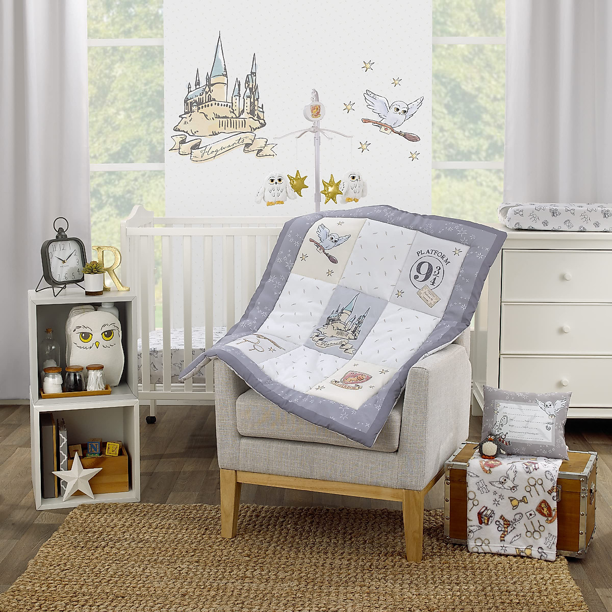 Warner Brothers Harry Potter Magical Moments Grey and White Hogwarts 3 Piece Nursery Mini Crib Bedding Set - Comforter and Two Fitted Mini Crib Sheets