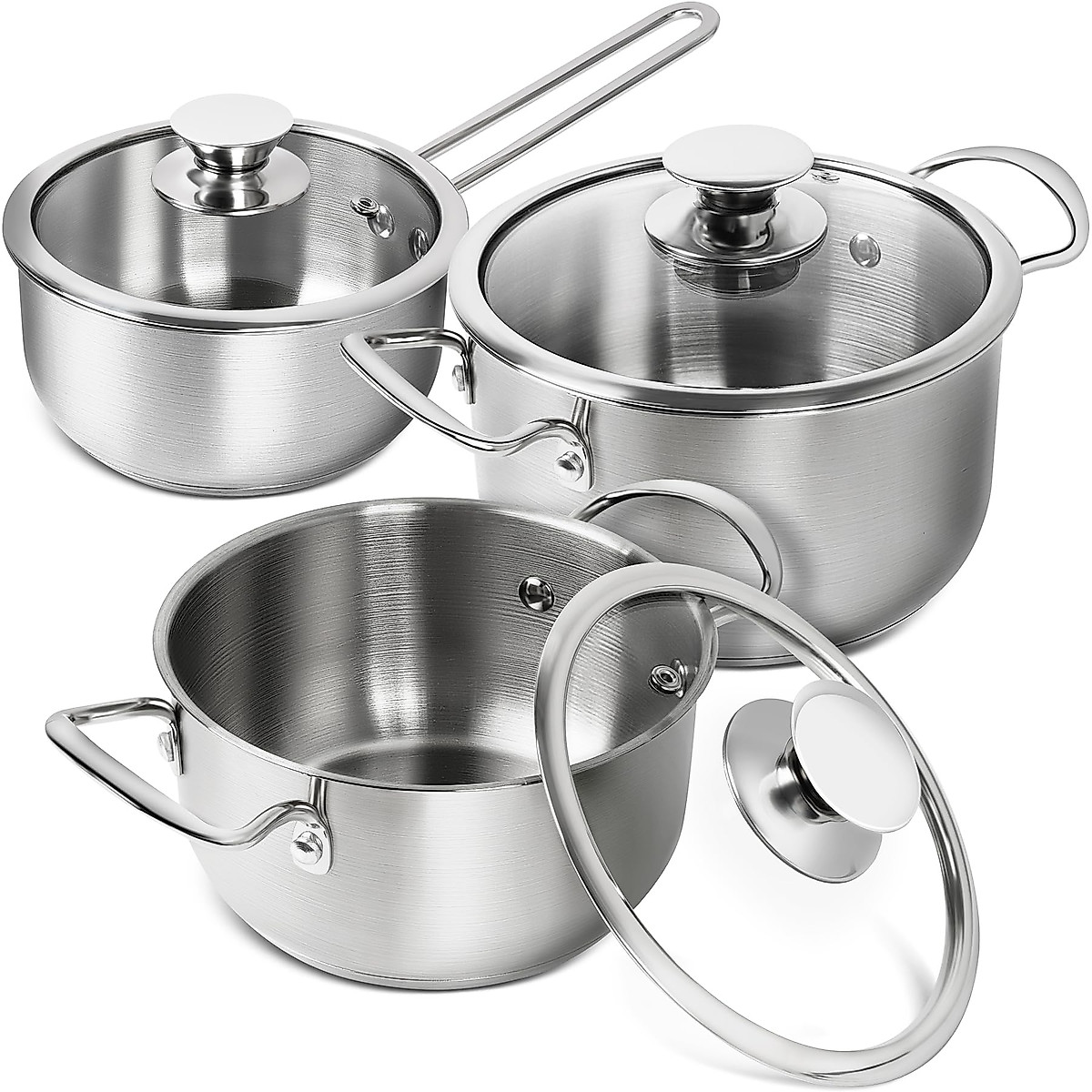 Michelangelo Stainless Steel Pot Set, 6 Piece Small Sauce Pot, 1.5qt & 2.5qt & 3.5qt Saucepan with Lids, Works with Induction, Electric and Gas Cooktops, Oven Safe