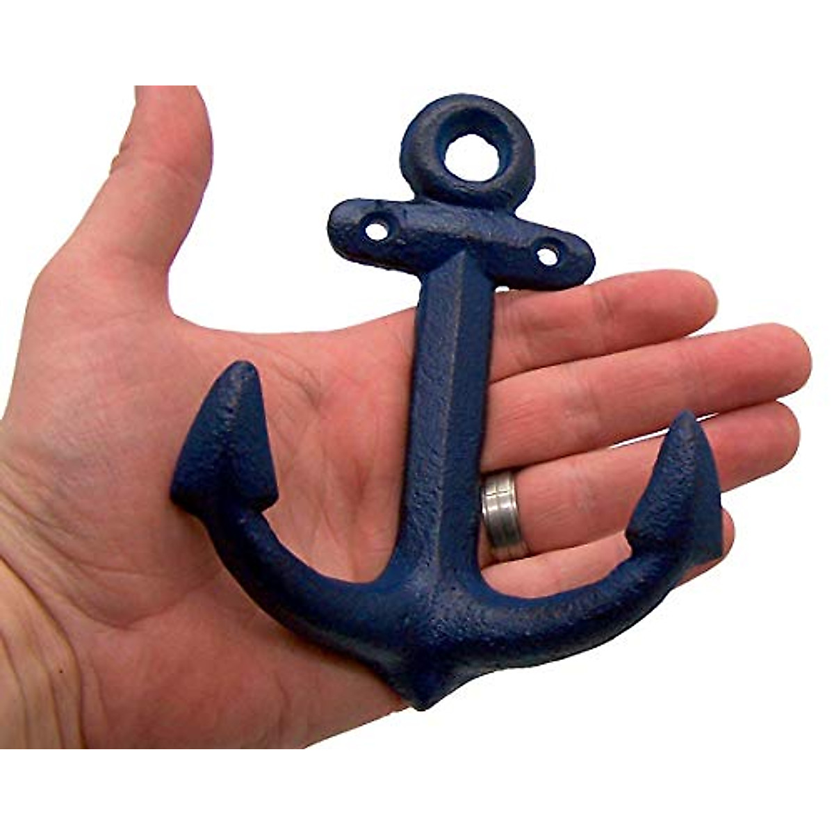 Wowser Nautical Cast Iron Ship Anchor Wall Hooks, 6 Inches, Set of 3 (Blue)