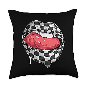 Checkered Black White juicy Lips gift race women Funny Checkered Black White Lip Racer Racing car Women Throw Pillow, 18x18, Multicolor