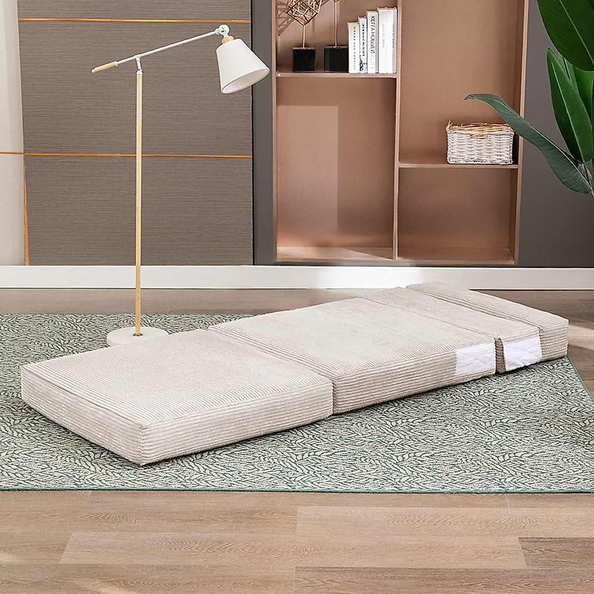 Mjkone Floor Sofa Couch, Convertible Futon Sofa Bed with Memory Foam, 3 in 1 Foldable Couch Bed, Pull Out Sleeper Sofa for Living Room/Apartment/Office (Beige, Single)