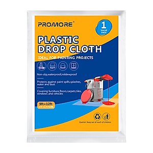 PROMORE 9x12 Ft 1-Mil Clear Plastic Drop Cloth - Thickened Painter's Sheet for Painting, Furniture, Walls, and Floor Protection (108 Sq Ft)