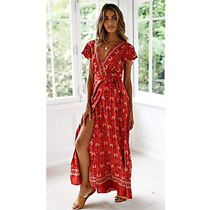 PRETTYGARDEN Women's Casual Long Summer Dresses Boho Floral Wrap V Neck Short Sleeve Split Maxi Beach Dress (Red -1,Medium)