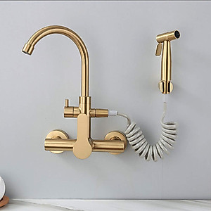 Bidet Sprayer Faucet Set Brass Brushed Gold Handheld Toilet Bidet Attachment Pressure Sprayer Wall Mount Portable Set with Cold and Hot/Type a (Type a)