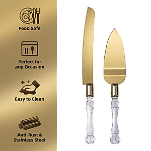 ifavor123 Wedding Cake Knife and Cake Cutter, Cake Cutting Set, Cake Cutting Set for Wedding, Rounded Edges Cake Server and Knife Set for Birthday Party Christmas Gift (Gold)