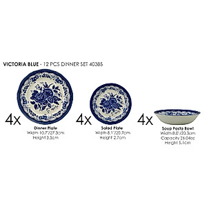 TUDOR ROYAL 12-Piece Porcelain Round Dinnerware Set, Service for 4, VICTORIA BLUE Design, Blue Floral, Plates Bowls Dishes, Premium Quality Tableware, Unique Pattern, Glossy