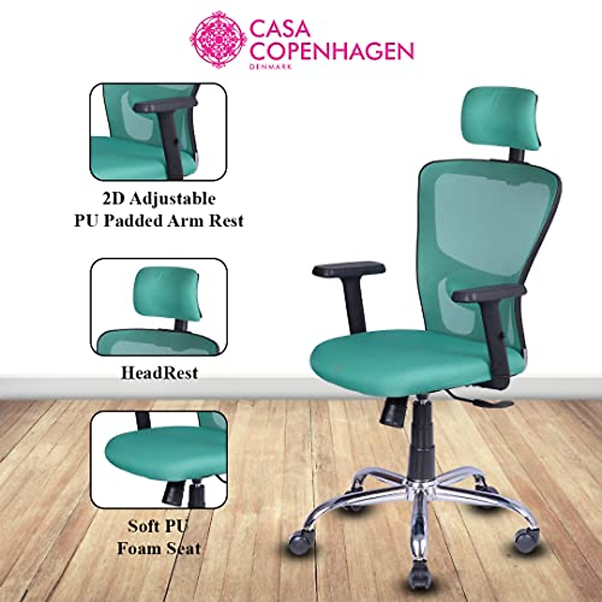 Casa Copenhagen California Chair with Adjustable Lumbar Support, High-Back Mesh Computer Chair - Headrest, Soft Sponge Cushion, Swivel Desk Task Chair for Work or Home - Teal