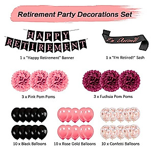 Retirement Party Decorations for Women, Rose Gold Happy Retirement Banner Retired Sash Paper Pom Poms Confetti Balloons Set Retirement Decorations Party Supplies