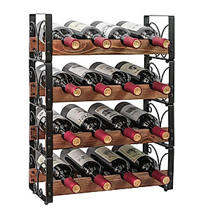 X-cosrack Rustic 16 Bottles Stackable Wine Rack 4 Tier Freestanding Organizer Holder Stand Countertop Liquor Storage Shelf Solid Wood & Iron 16.5" L x 7.0" W x 22" H-Patent Design