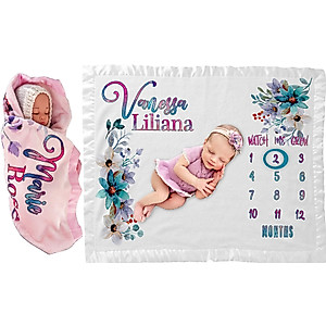 Personalize It Milestone Baby Blanket (Pink, 40 x 30) Custom Baby Girl Name Luxe Satin Trim Edge Double Sided Polar Fleece