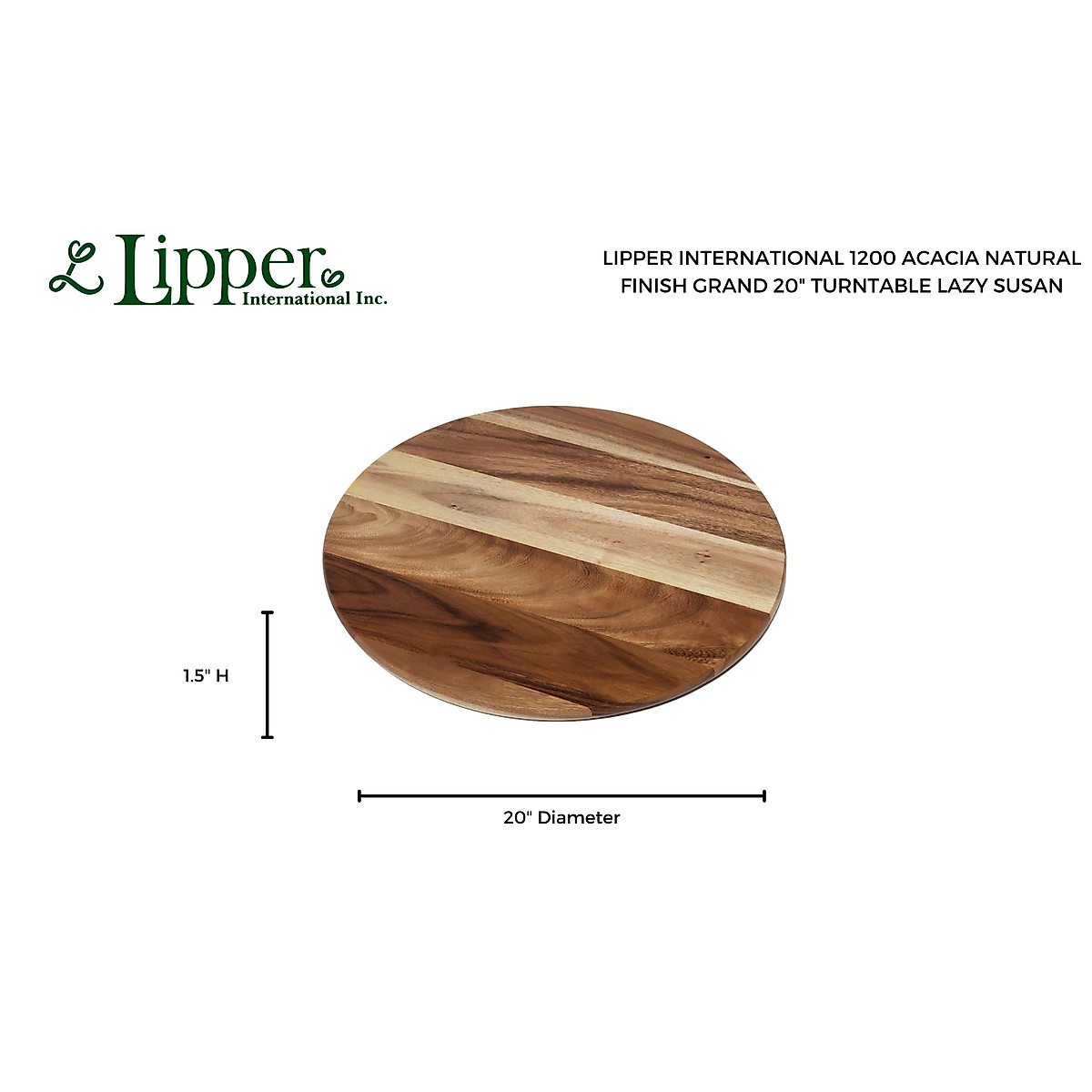 Lipper International Acacia Natural Finish Grand 20" Turntable Lazy Susan for Table or Pantry
