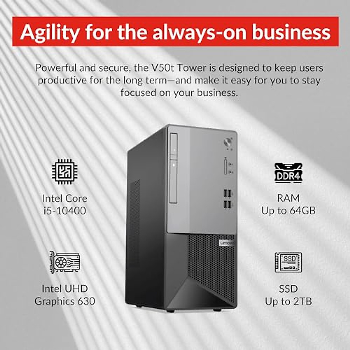 Lenovo V50t Gen 2 Business Desktop, Intel Core i5-10400, 32GB RAM, 1TB SSD, DVD-RW, HDMI, RJ-45, DP, No Wi-Fi, Windows 11 Pro, Black