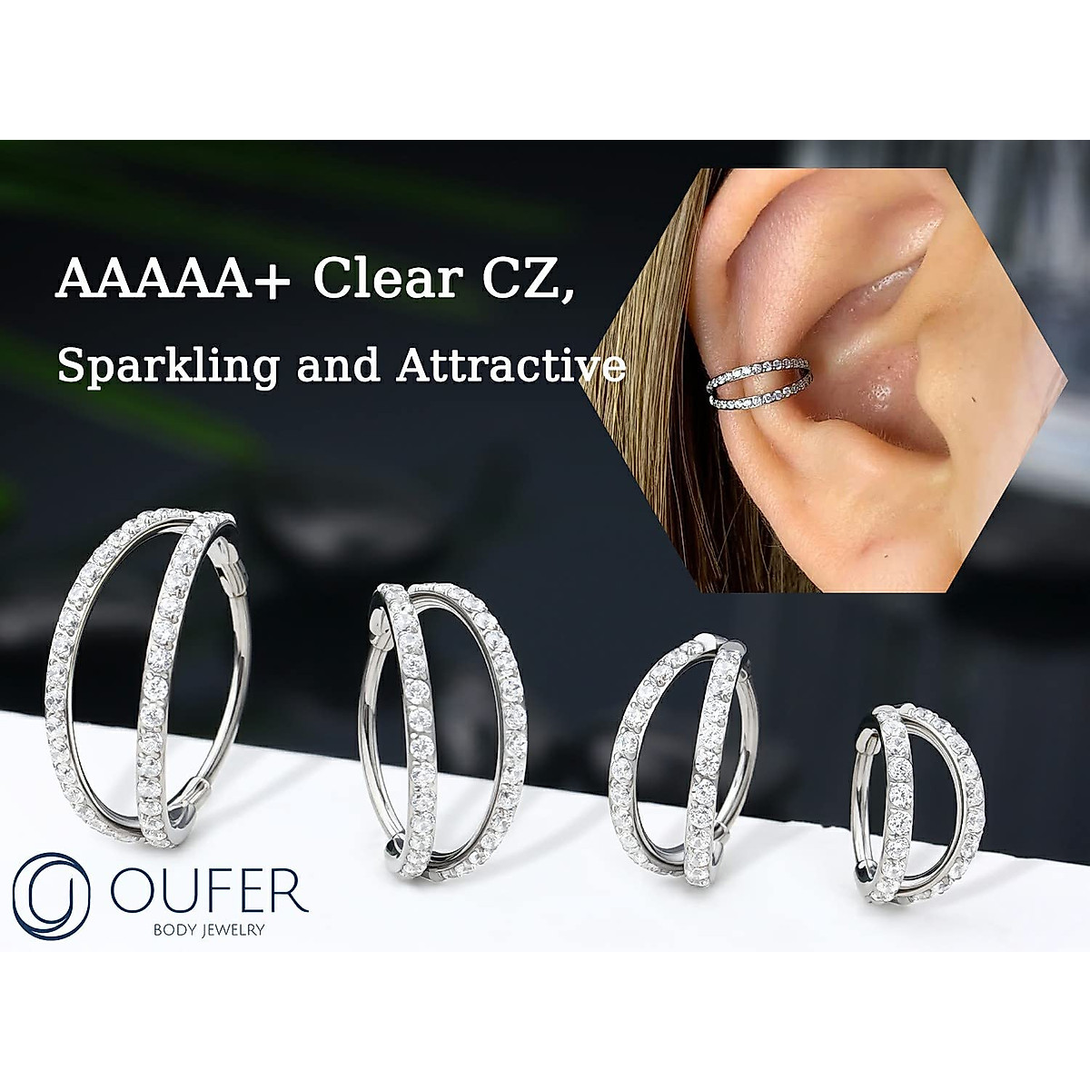 OUFER Nose Rings Hoops, 20G G23 Solid Titanium Nose Piercings, Double Row Diamonds Hoop Nose Ring, Double Nose Ring for Single Piercing, Conch Helix Daith Lip Piercing Jewelry-Silver 8MM