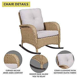 HUMMUH Patio Wicker Rocking Chairs Set of 2 Rattan Outdoor Rocking Chairs for Front Porch Garden Backyard Lawn Balcony Weather Rocker Chair with Side Table