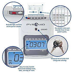 Pyramid Time Systems 2500K1 Bundle, Includes Model 2500 Auto Aligning and Top Loading Time Clock, 100 time Cards, Two Ink Ribbon cartridges, one 10 Slot time Card Rack and Two Security Keys