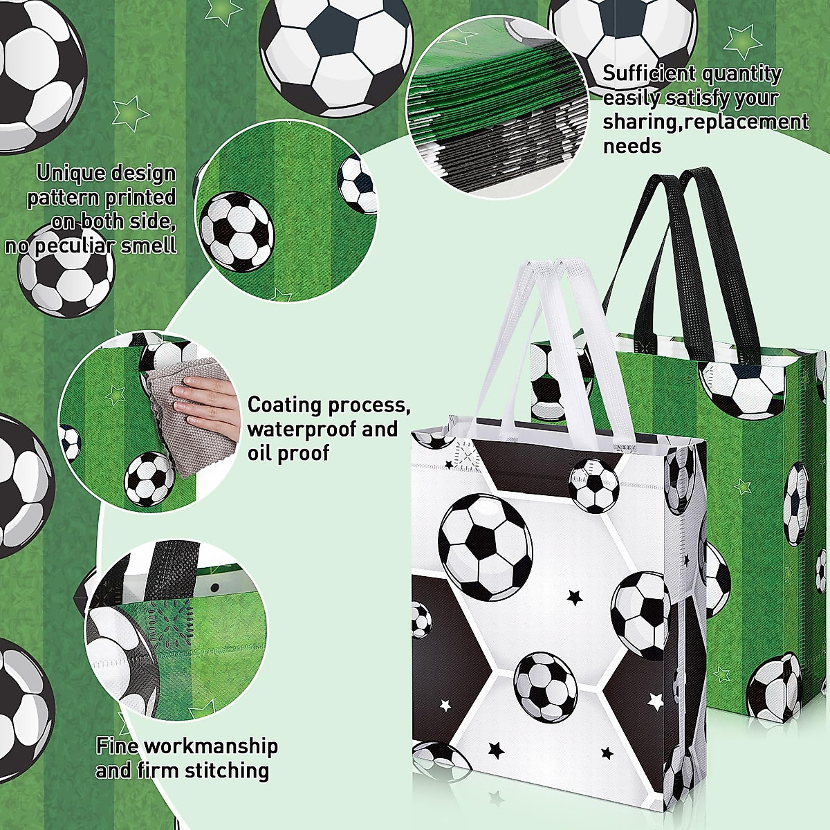 Silkfly 30 Pcs Soccer Gift Bags with Handle Soccer Ball Party Supplies Reusable Soccer Goodie Bags Non Woven Soccer Birthday Party Supplies Goody Bag for Boys Girls, 2 Styles, 10 x 12 Inch