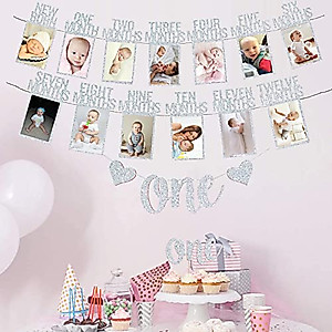 Silver 1st Birthday Baby Photo Banner for Newborn to 12 Months And Alphabet ONE Bunting, Alphabet ONE Cake Topper for Baby Show First Birthday Party Decoration