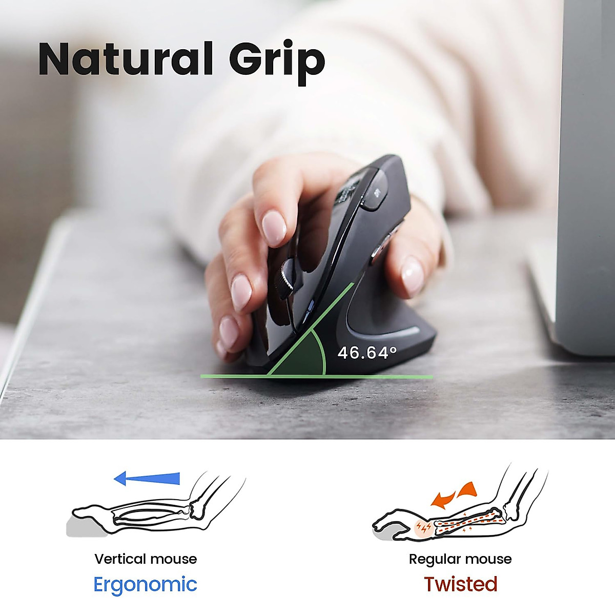 Perixx PERIMICE-813B Bluetooth Vertical Mouse - Wireless 3-in-1 Multi-Device Technology - Travelling Carry Bag - Black - Right Handed