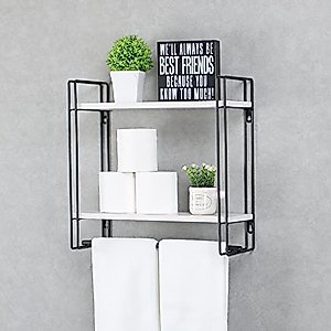 Industrial Bathroom Shelves with Towel Bar,24 inch Rustic Racks for Bathroom,2 Layers Farmhouse Rack Over Toilet,Pipe Wall Mounted,Home Decor Floating Holder (White)
