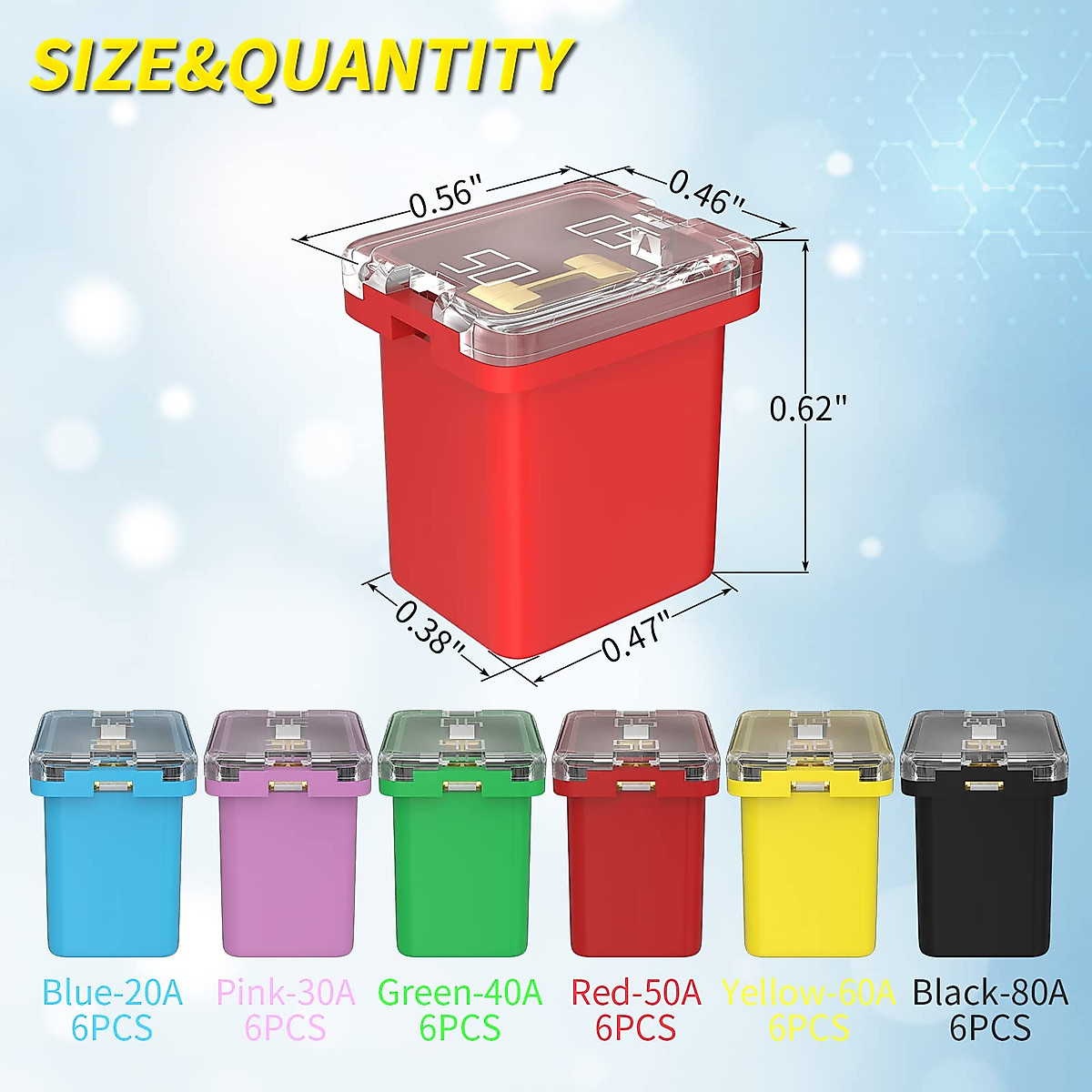 Joinfworld 36Pcs Jcase Fuse Assortment Kit Automotive Low Profile Box Shaped Micro Cartridge Fuses(20A, 30A, 40A, 50A, 60A, 80A) for Ford Chevy/GM Nissan and Toyota Pickup Trucks Cars SUVs