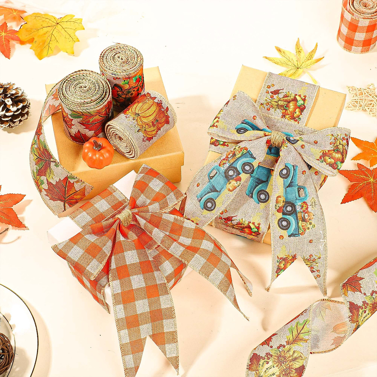 6 Rolls Fall Burlap Ribbons 2.5 Inch Wired Edge Pumpkin Maple Leaf Ribbon Rustic Harvest Truck Orange Plaid Ribbon for Autumn Thanksgiving Gift Wrapping DIY Wreath Crafts, 30 Yards