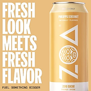 ZOA Zero Sugar Energy Drinks - Healthy Energy Formula with Vitamins, Electrolytes, Antioxidants, 210mg of Natural Caffeine - Pineapple Coconut, 16 Ounce (Pack of 12)