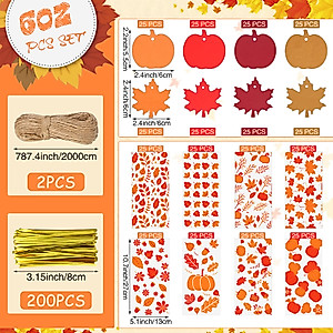 Remerry 600 Pcs Fall Cellophane Treat Bags Thanksgiving Candy Bags Fall Goodie Bags Maple Leaf Pumpkin Bags with Pumpkin Maple Leaf Tags Gold Twist Tie Twine Autumn Party Supplies
