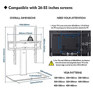 BONTEC Universal Swivel TV Stand Base, Table Top TV Stand for 26-55 inch LED OLED Flat Curved Screens, Height Adjustable TV Mount Stand with Glass Base Hold up to 99lbs, Max VESA 400x400mm