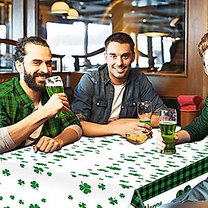 Whaline 3Pcs St. Patrick's Day Disposable Tablecloth Green Black Buffalo Plaid Shamrock Pattern Rectangle Plastic Table Cover Irish Holiday Table Cloth for Picnic Dinner Table Decor, 54 x 108 Inch