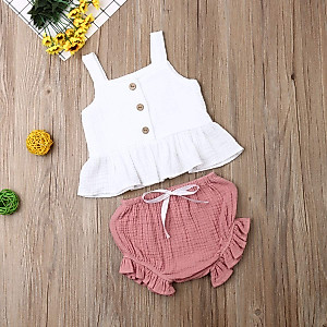 Toddler Kids Baby Girl Cotton Ruffle Halter Tank Top+ Bowknot Shorts Outfits 2PCS Set (A Pink, 2-3 Years)