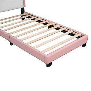Cute Upholstered Princess Bed with Crown Headboard, Twin Size Leather Platform Bed with Wood Slats for Kids Boys Girls