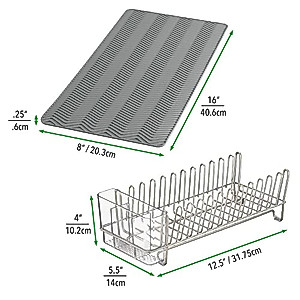 mDesign Steel Sink Dish Drying Rack/Dish Drainer Storage Organizer w/Wire Drainer, Drying Mat for Kitchen Counter, Easy Drain/Dry Dishes, Plate, Utensil - Concerto Collection, Set of 2 - Satin/Gray