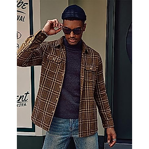 Mens Vintage Plaid Shacket Jacket Flannel Shirt for Men Button Down Shirt Jacket Tops Coffee