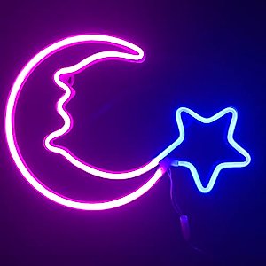 Night Lights for Kids|Neon Signs Pink Moon Blue Star LED Neon Lights for Baby Nursery Room,Wall Art Décor|USB Powered Children Lighting for Bedroom,Party,Christmas Birthday Gifts(YLX-FLA)