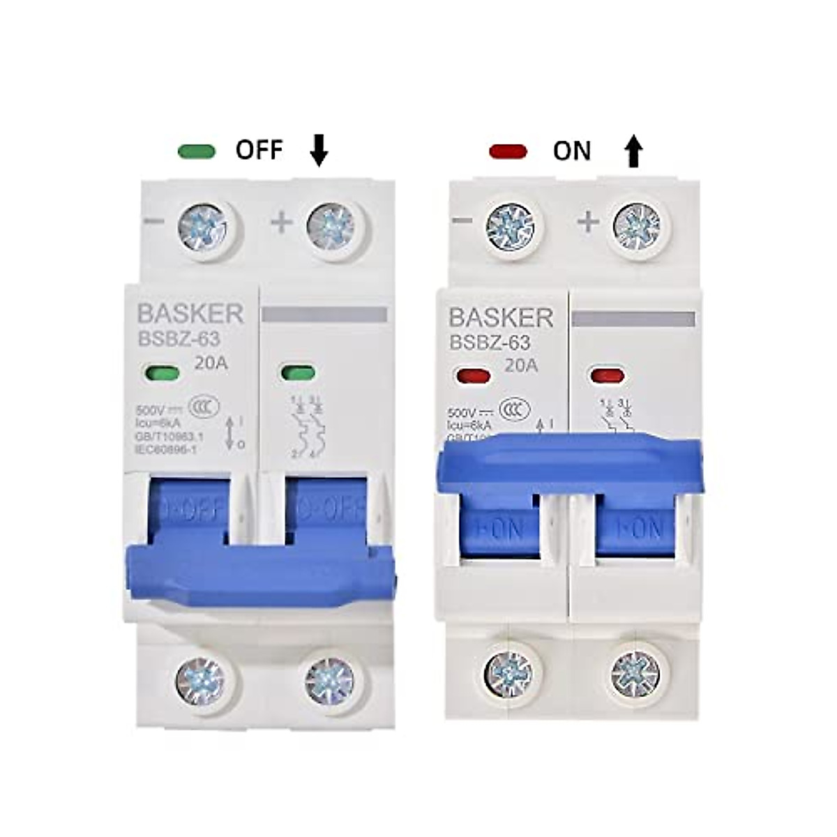 BASKER DC Circuit Breaker, 20Amp 2 Poles 500V Solar Disconnect Switch for Solar PV System Solar Panels Grid System, DIN Rail Mount, DC Breaker MCB (20A)