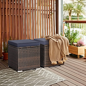 DORTALA 2 Pieces Patio Wicker Ottomans, Outdoor PE Rattan Side Table with Storage Cabinet, Cushions, Foot Rest for Couch, Chair, Navy Blue