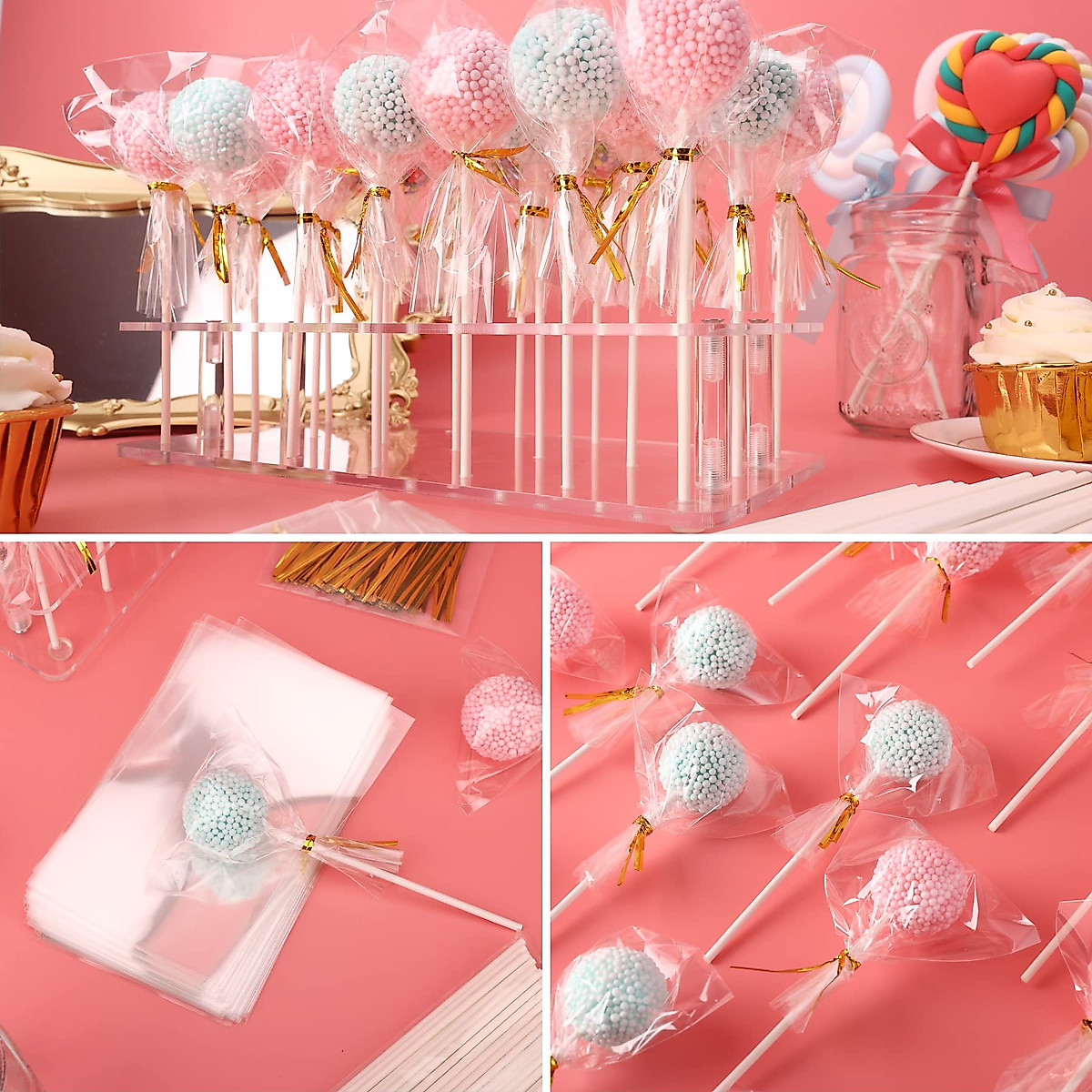 Goabroa Cake Pop Display Stand with 100 PCS Cake Pop Sticks and 100 PCS Wrappers Kit, 21 Holders Clear Acrylic Cakepop Making Accessories for Weddings Baby Showers Halloween