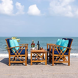 SAFAVIEH Outdoor Collection Fontana Natural/ Navy Cushions/ Blue Pillows 4-Piece Conversation Patio Set