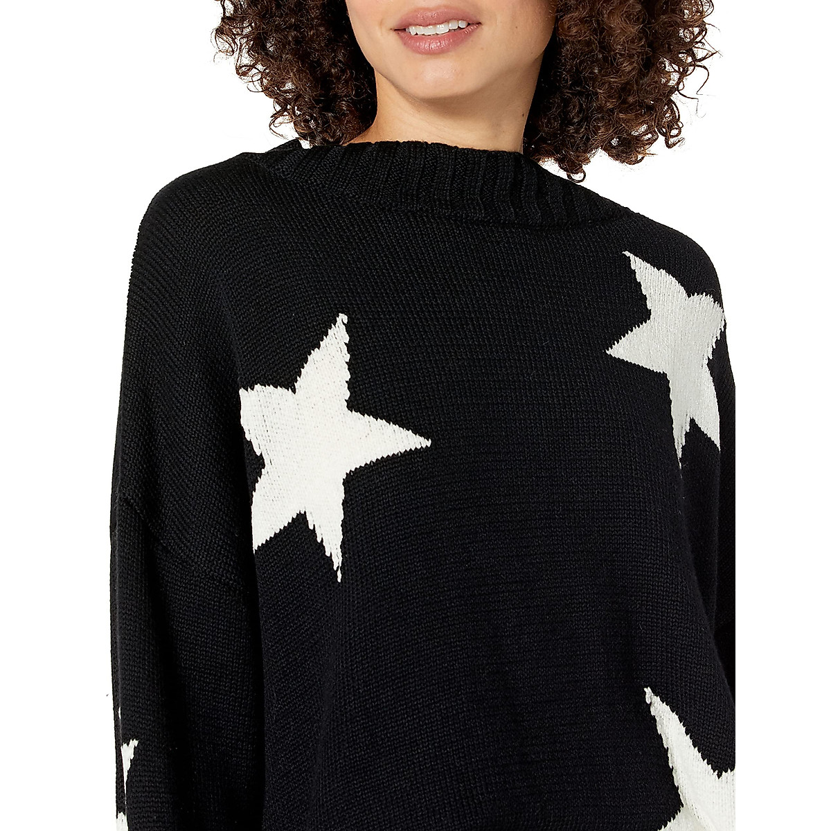 Cable Stitch Women's Intarsia Sweater – Star, Lightning Bolt, Heart Graphics Long Sleeve Crewneck Pullover Top (Black/White Star, Medium)
