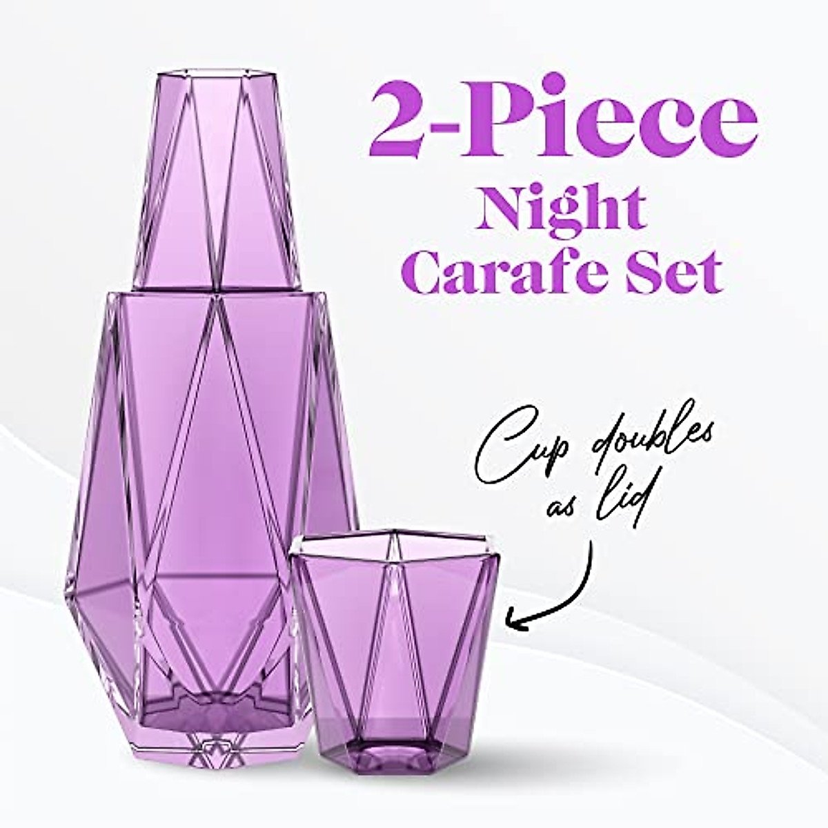 Modern Geometric Bedside Carafe | 2-Piece Set - Bedside Water Carafe | Glass Carafe with Cup that Doubles as Lid | Elegant Pitcher and Matching Drinking Tumbler for Guest Room, Office in Purple (37oz)