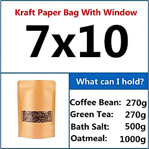 Kraft Heat Sealable Stand Up food Pouches Paper Mylar Bags With Window And Zip Lock,Heavy Duty Decorative Resealable Recycled For DIY Homemade Chips Favor Candy Cookies Christmas (50pcs 7x10+4inch)