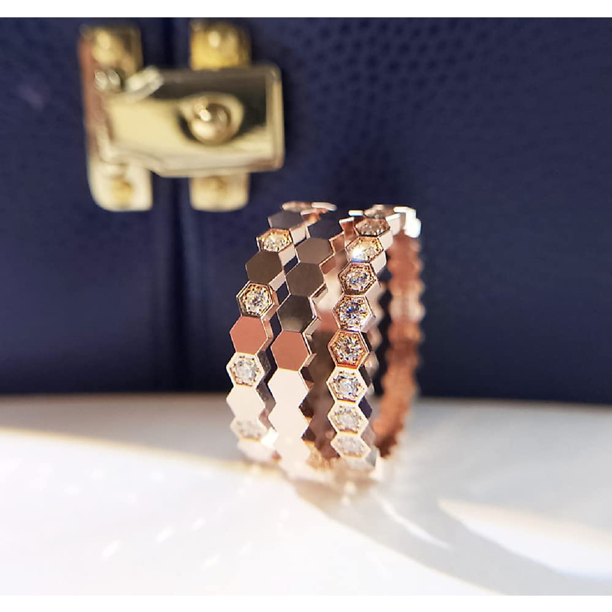 ZDIFDIC Rose Gold Honeycomb Stacking Ring 3 Pieces Hexagon Statement Rings with Delicate Cubic Zirconia Promise Wedding Engagement Eternity Bands Gifts for Women Size 6 to10(10#)