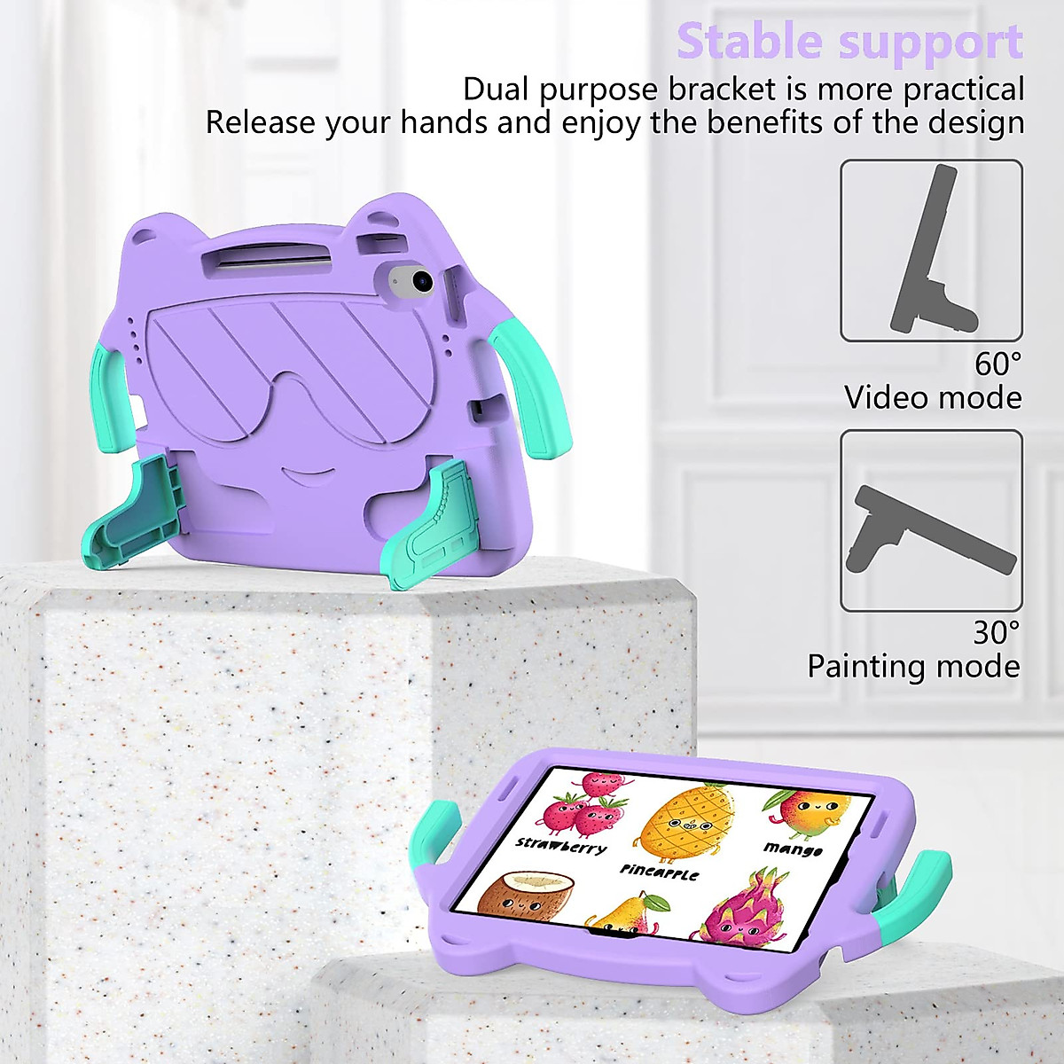 ESSTORE Kids Case Compatible with iPad 10th Generation (2022) 10.9 Inch Kids Case, Shockproof Case with Shoulder Strap/Handle/Stand Cute Cover, Lightpurple/MintGreen