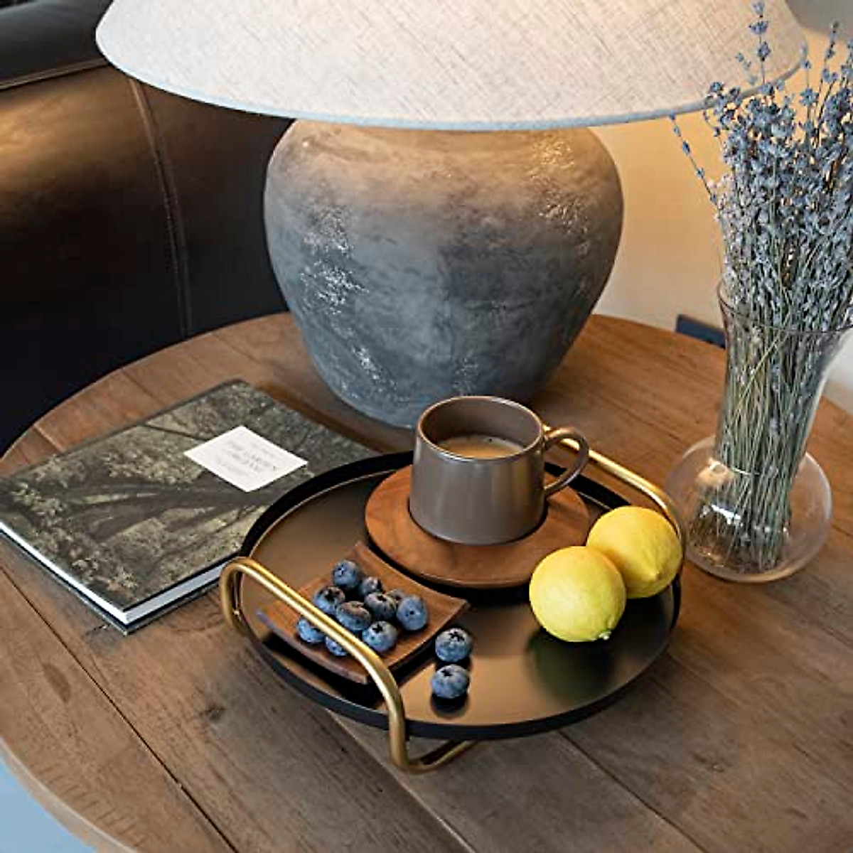 Decorative Trays - Metal Coffee Table Tray, Decorative Serving Tray with Gold Handle - Perfect for Coffee Table, Coffee Bar, Kitchen Counter, Dining Table (Black Gold)