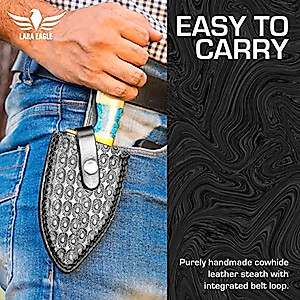 Lara Eagle Damascus Skinner Gut hook Knife, Damascus Handmade Fixed Blade Hunting Knife With Camel Bone and Turquoise Handle, Full Tang Handmade Viking Knife For Men, Best for Hunting/Camping.