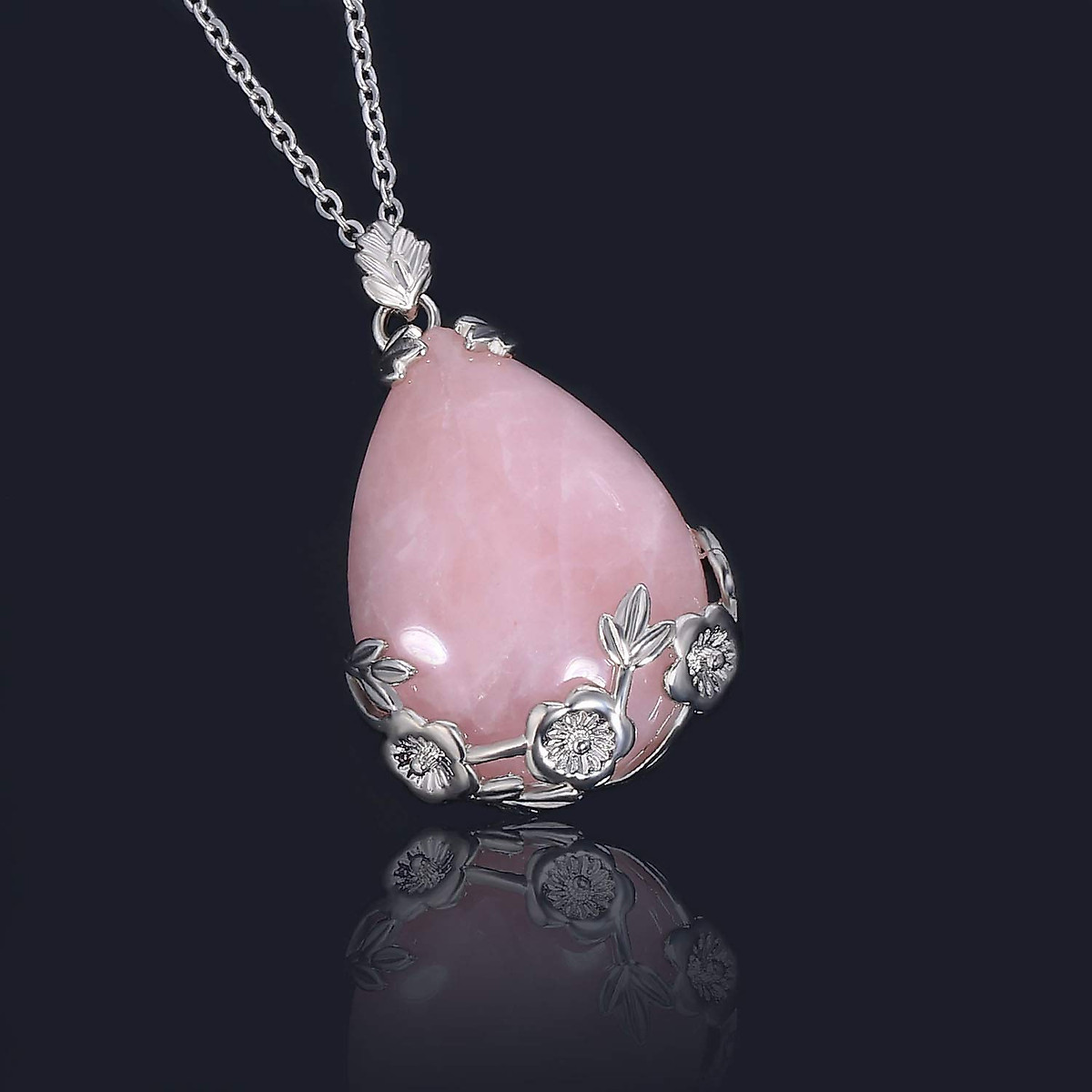 KISSPAT Natural Teardrop Rose Quartz Pendant Necklace on 20" Stainless Steel Chain