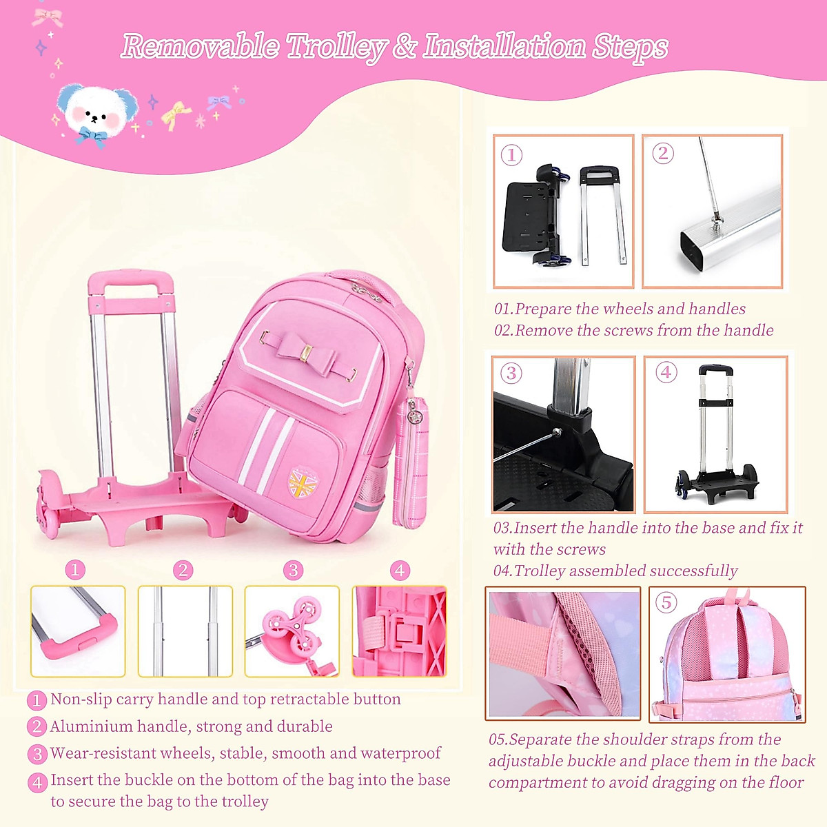 3Pcs Rolling Backpack for Girls Cute Bowknot Students Bookbags Primary Schoolbag Trolley Bags Wheeled Backpack Kids Carry-On Luggage with Lunch Bag&Pencil Case