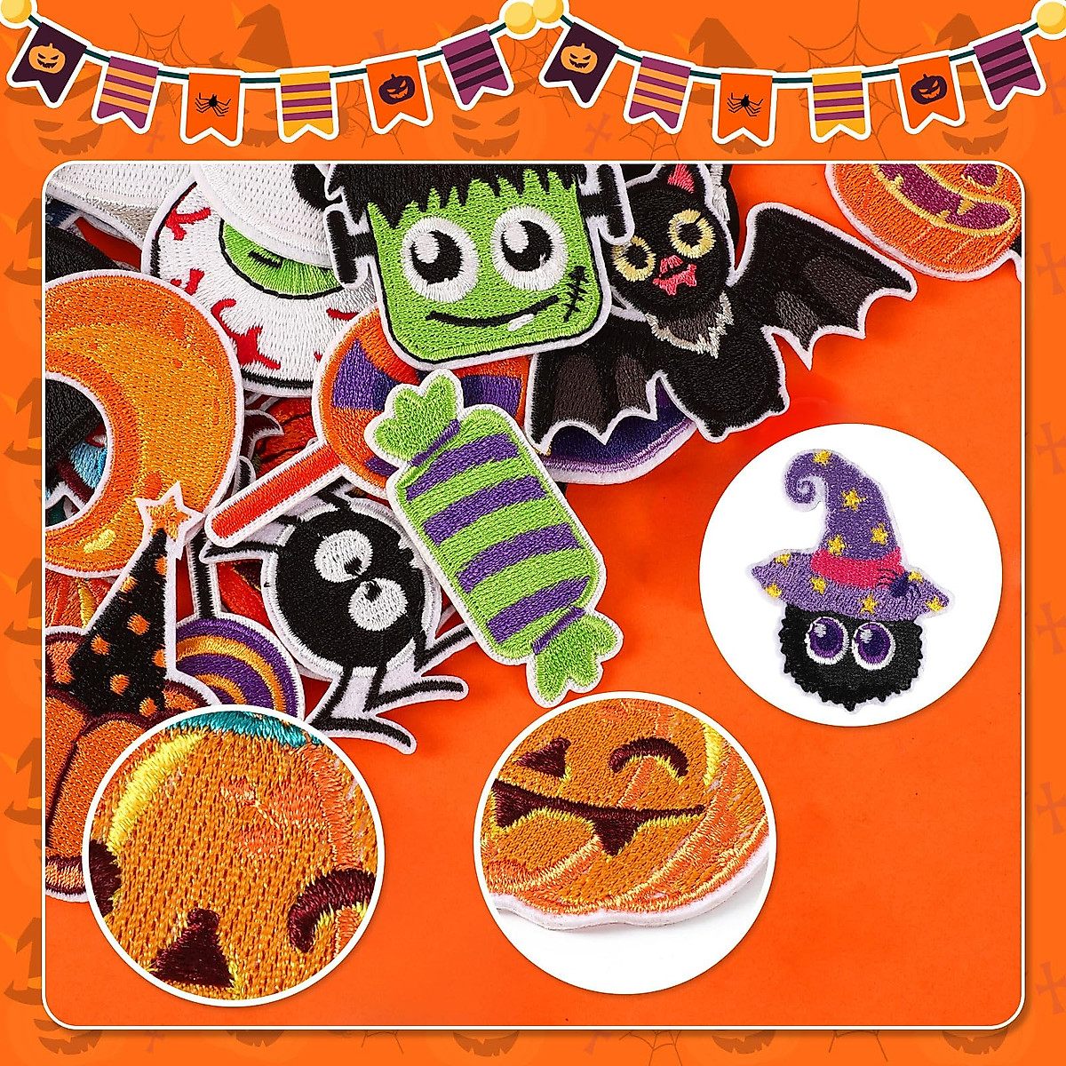 36pcs Halloween Autumn Iron on Patches Halloween Embroidered Sew Applique Repair Patch Cute Skull Pumpkin Ghost Black Cat Witch Bats DIY Crafts for Clothing Jacket Jeans Pants Dress Backpack Hat Decor