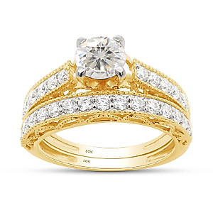 SAVEARTH DIAMONDS 1 1/2 CTTW Center 6MM Round Cut Lab Created Moissanite Diamond Milgrain Wedding Bridal Set Ring In 10K Solid Yellow Gold (VVS1 Clarity, 1.50 Cttw)-4 …